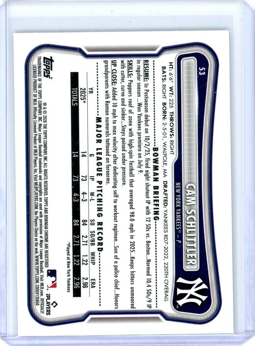 Cam Schlittler 2026 Bowman Chrome Red Rookie Shield Refractor – Piece ...